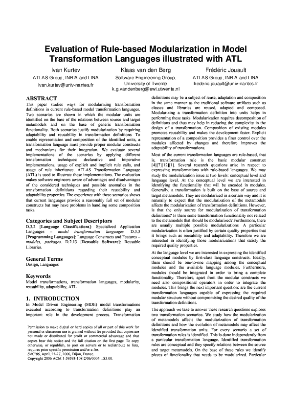 (PDF) Evaluation of rule-based modularization in model transformation languages illustrated with ATL