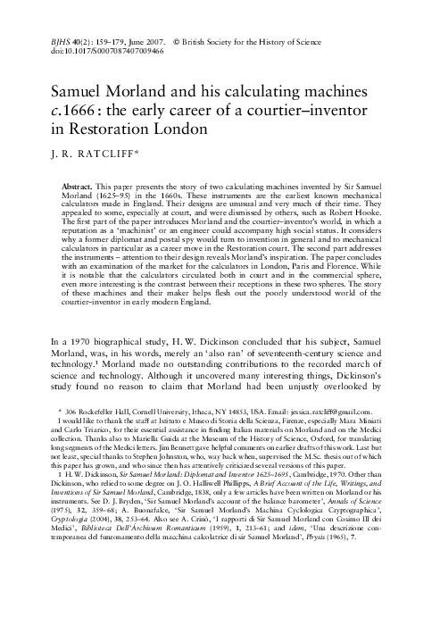 (PDF) Samuel Morland and his calculating machines c. 1666: the early ...