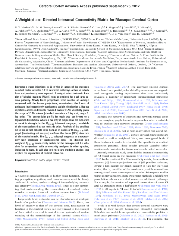 Pdf A Weighted And Directed Interareal Connectivity Matrix For Macaque Cerebral Cortex