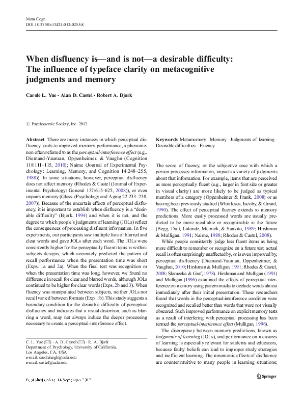 (PDF) When disfluency is—and is not—a desirable difficulty: The influence of typeface clarity on ...
