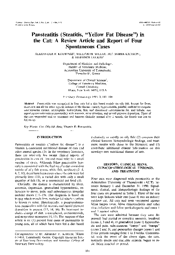 (PDF) Pansteatitis (Steatitis, Yellow Fat Disease) in the Cat