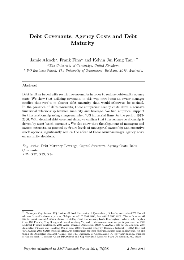 (PDF) Debt Covenants, Agency Costs and Debt Maturity