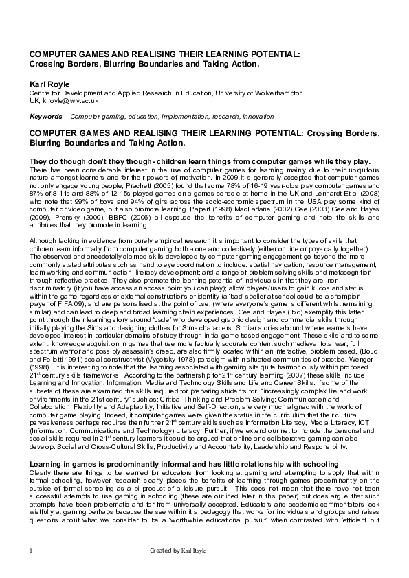 (DOC) COMPUTER GAMES AND REALISING THEIR LEARNING POTENTIAL: Crossing ...