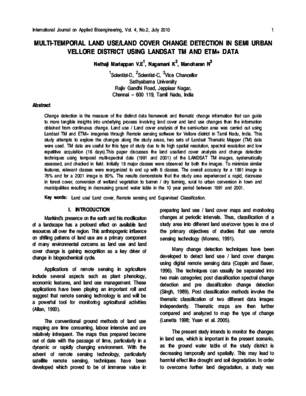 (PDF) MULTI-TEMPORAL LAND USE/LAND COVER CHANGE DETECTION IN SEMI URBAN VELLORE DISTRICT USING ...