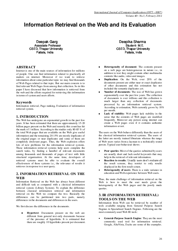 (PDF) Information Retrieval on the web and its evaluation