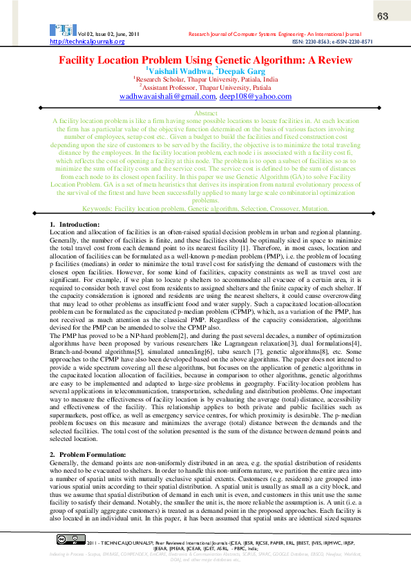 (PDF) Facility Location Problem Using Genetic Algorithm: A Review