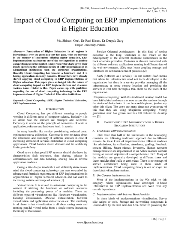 Pdf Impact Of Cloud Computing On Erp Implementations In Higher Education