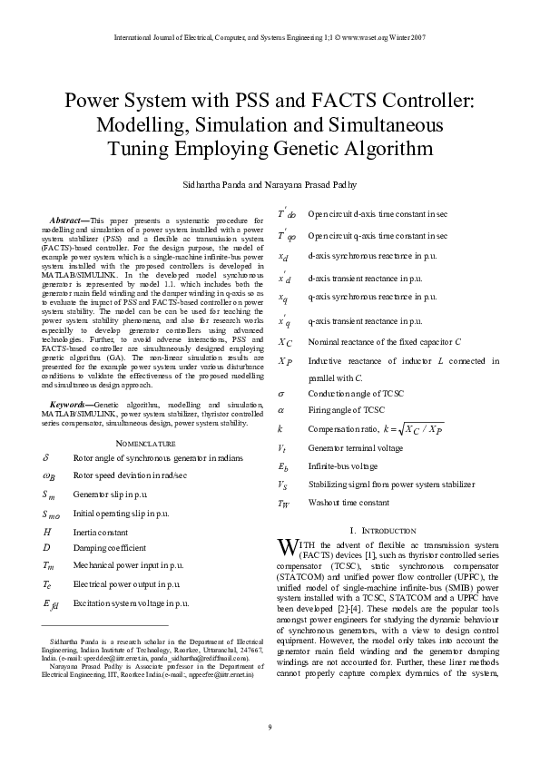 (PDF) Power system with PSS and FACTS controller: Modelling, simulation ...