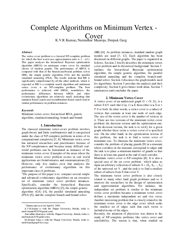 Pdf Complete Algorithms On Minimum Vertex Cover