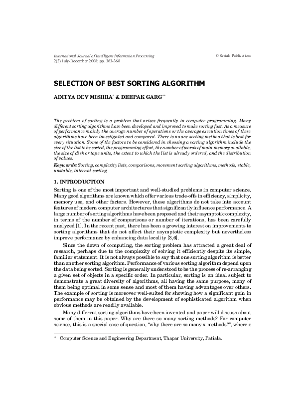 Pdf Selection Of Best Sorting Algorithm