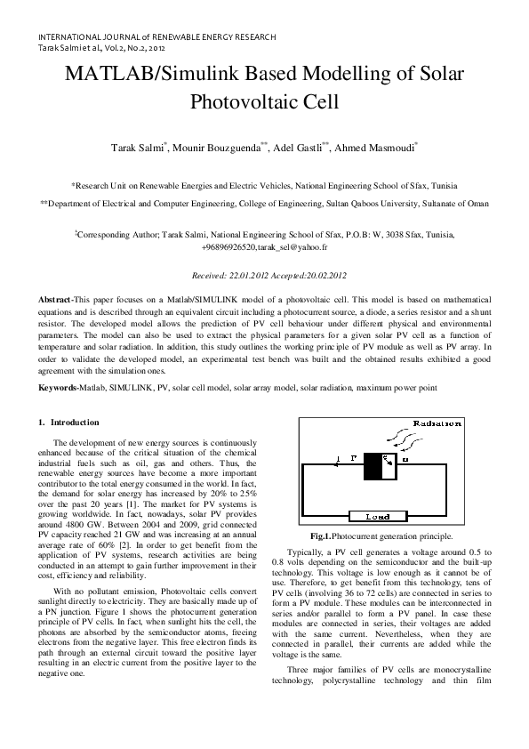 (PDF) MATLAB/Simulink Based Modeling of Photovoltaic Cell