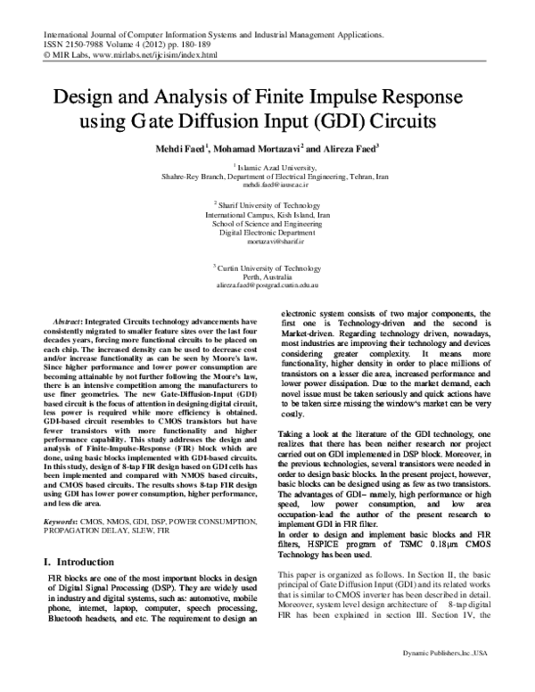 Pdf Design And Analysis Of Finite Impulse Response Using Gate Diffusion Input Gdi Circuits 