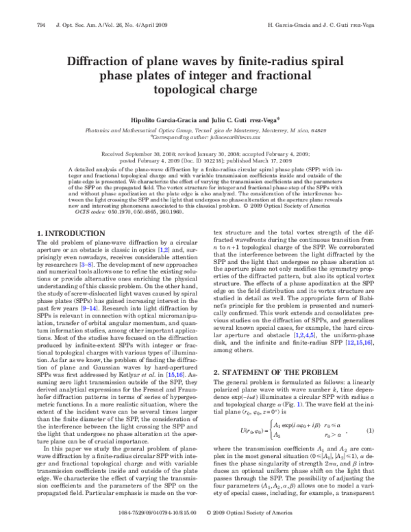 (PDF) Diffraction of plane waves by finite-radius spiral phase plates ...