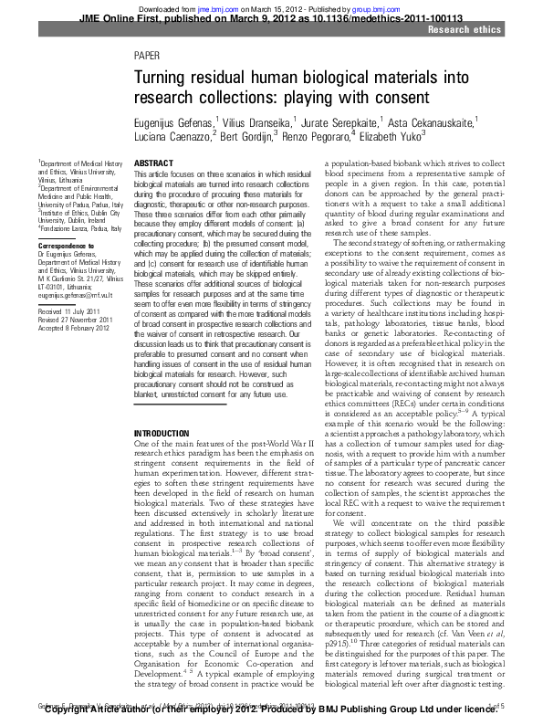 (PDF) Turning Residual Human Biological Materials into Research ...