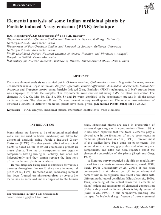 (PDF) Elemental analysis of some Indian medicinal plants by Particle induced X-ray emission ...
