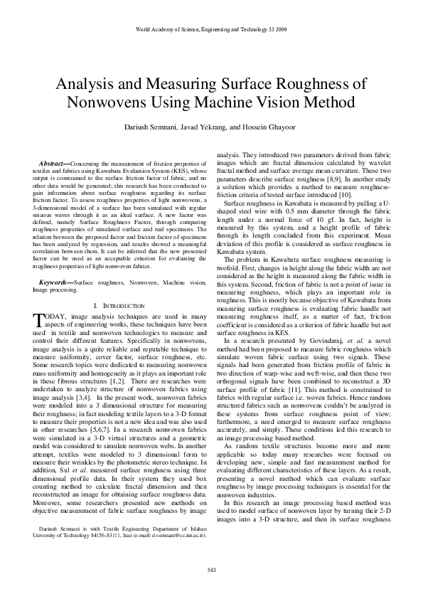 Pdf Analysis And Measuring Surface Roughness Of Nonwovens Using Machine Vision Method