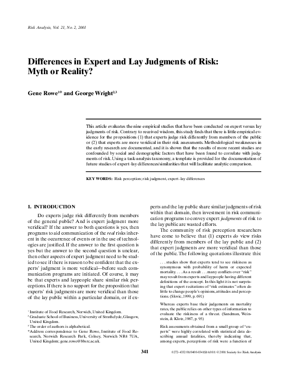 (PDF) Differences In Expert and Lay Judgments of Risk: Myth or Reality?