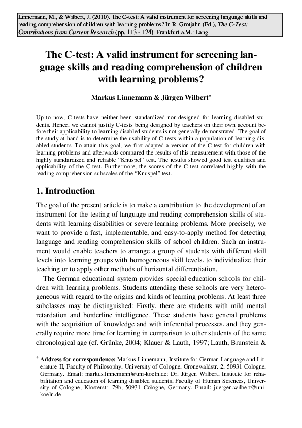 (PDF) The C-test: A valid instrument for screening language skills and ...