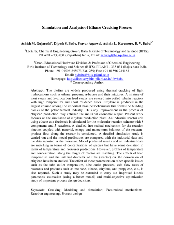 (PDF) Simulation and Analysis of Ethane Cracking Process