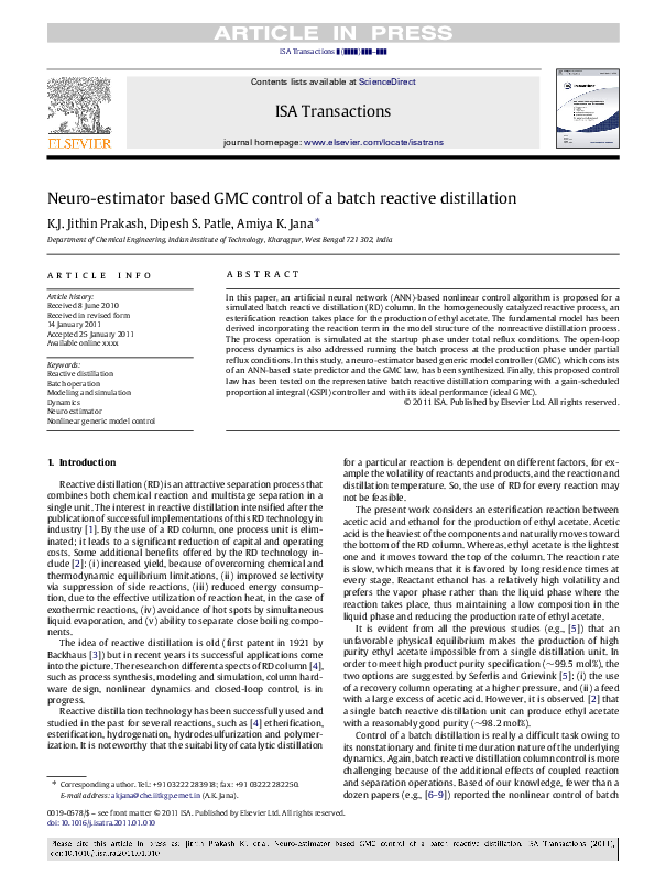 (PDF) Neuro-estimator based GMC control of a batch reactive distillation