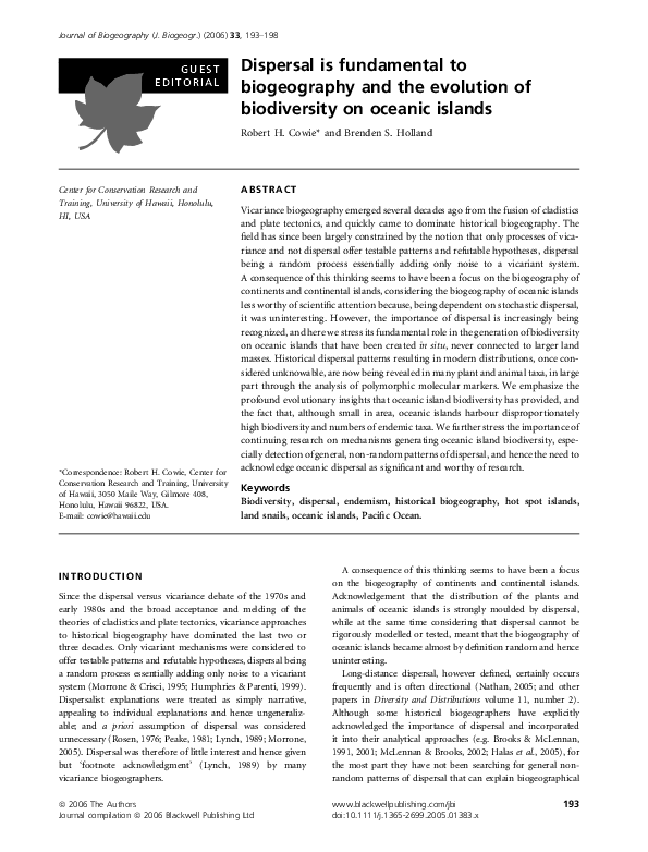 (PDF) Dispersal is fundamental to biogeography and the evolution of ...