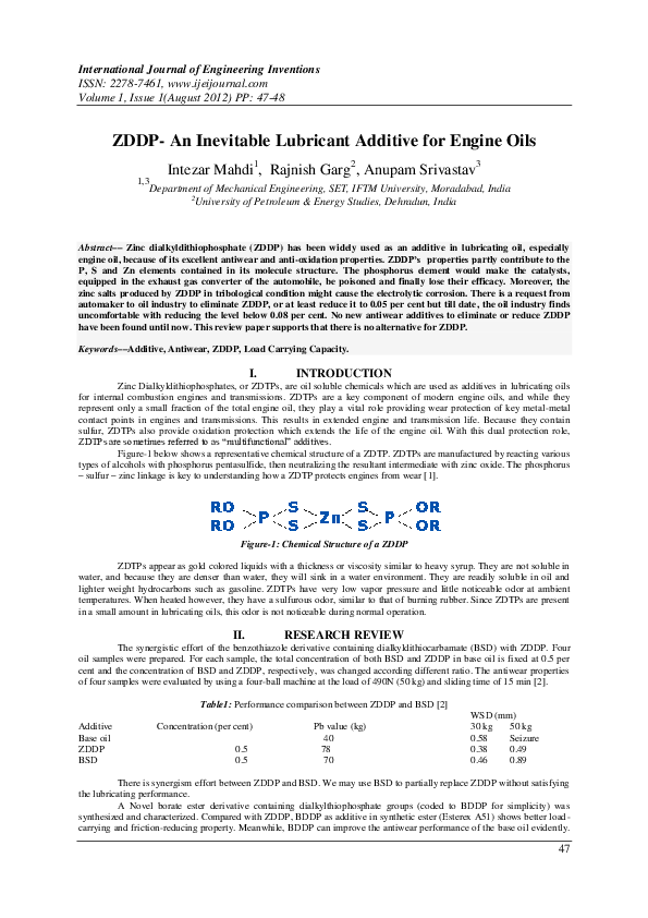 (PDF) ZDDP- An Inevitable Lubricant Additive for Engine Oils