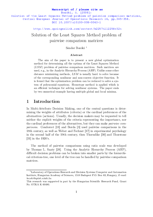 (PDF) Solution of the least squares method problem of pairwise comparison matrices