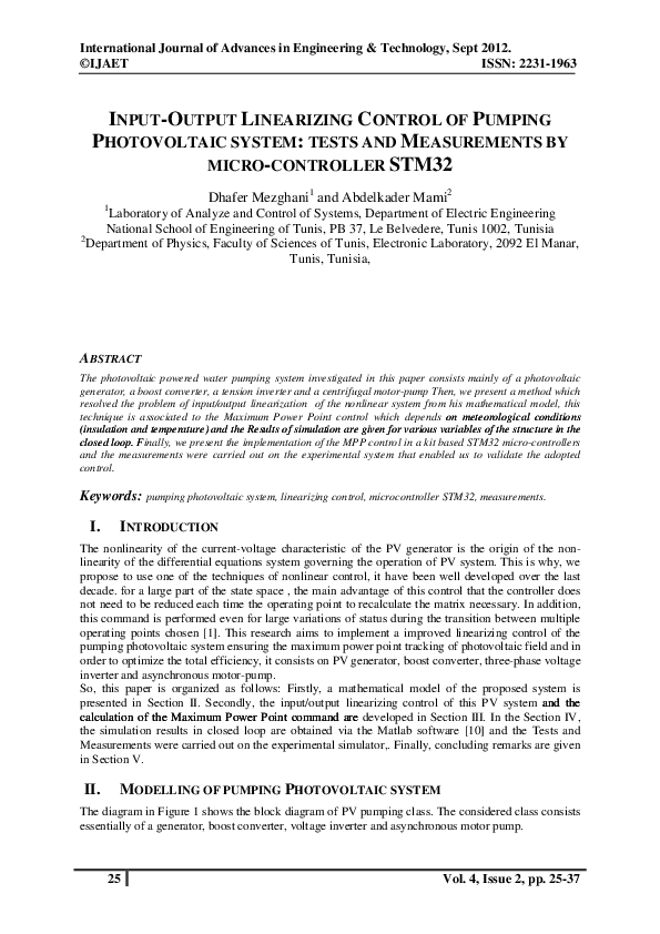 Pdf Input Output Linearizing Control Of Pumping Photovoltaic System 