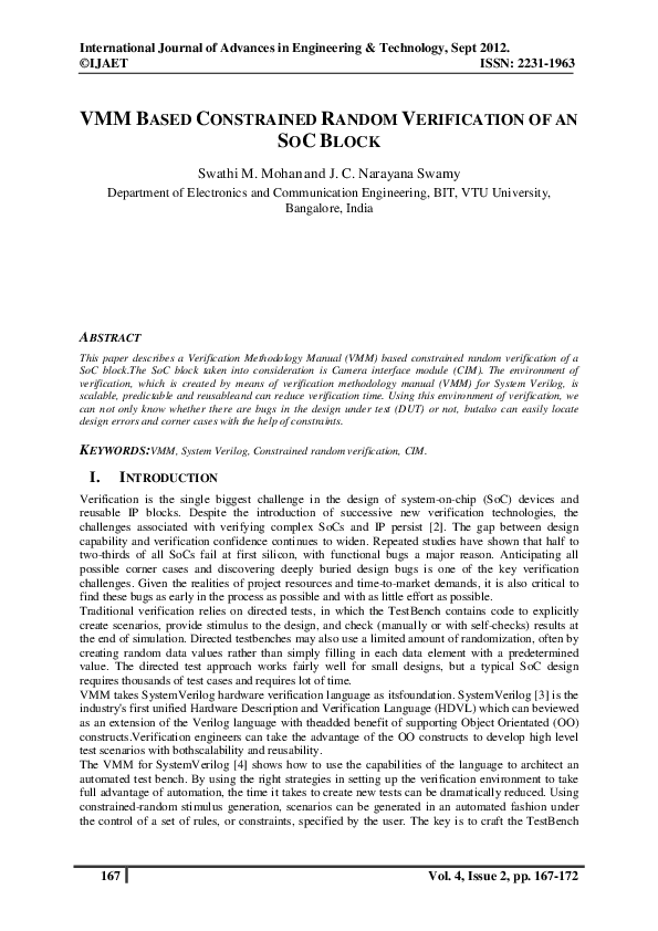 Pdf Vmm Based Constrained Random Verification Of An Soc Block