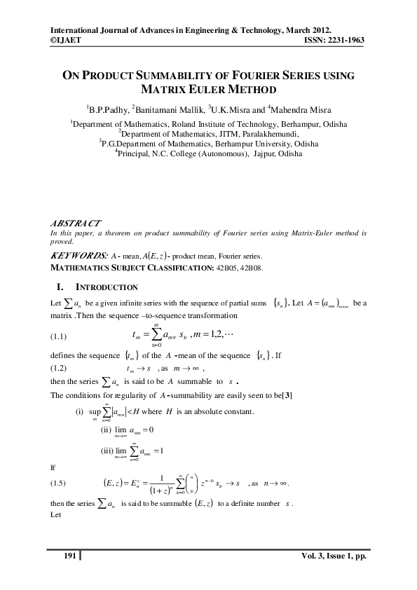 Pdf On Product Summability Of Fourier Series Using Matrix Euler Method