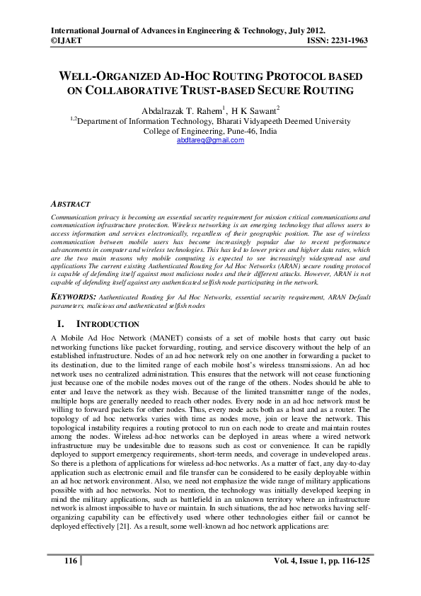 Pdf Well Organized Ad Hoc Routing Protocol Based On Collaborative Trust Based Secure