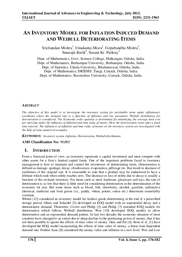 Pdf An Inventory Model For Inflation Induced Demand And Weibull Deteriorating Items