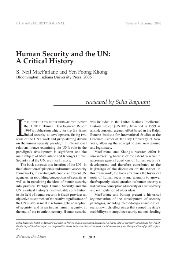(PDF) Human Security and the UN: A Critical History