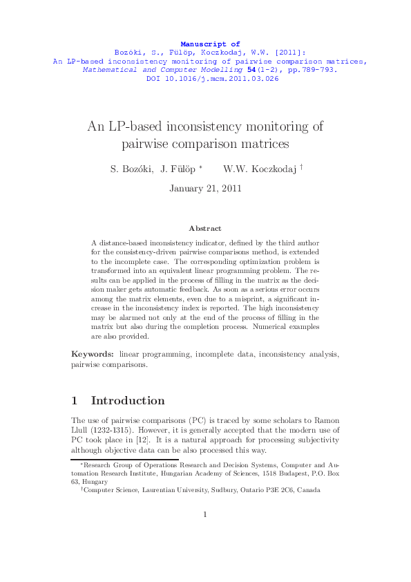 (PDF) An LP-based inconsistency monitoring of pairwise comparison matrices