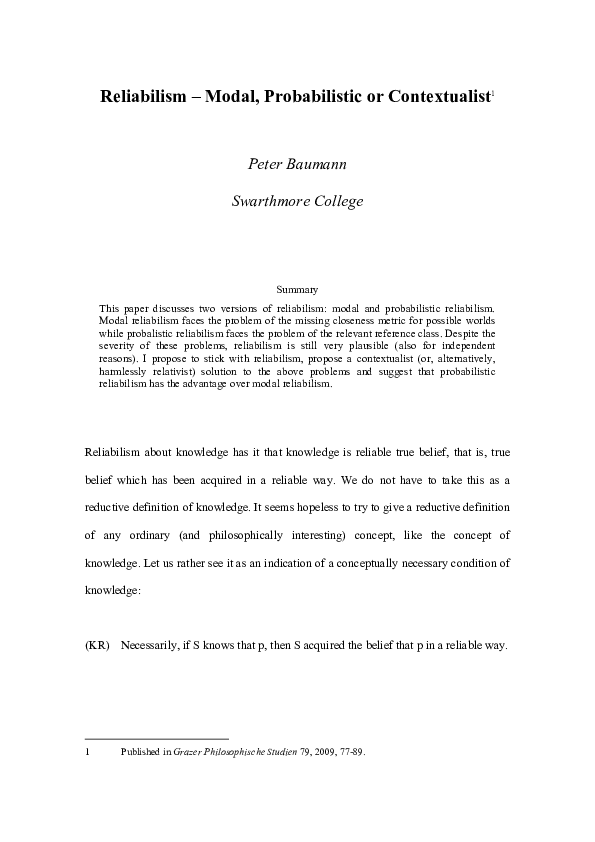 (PDF) Reliabilism - Modal, Probabilistic or Contextualist