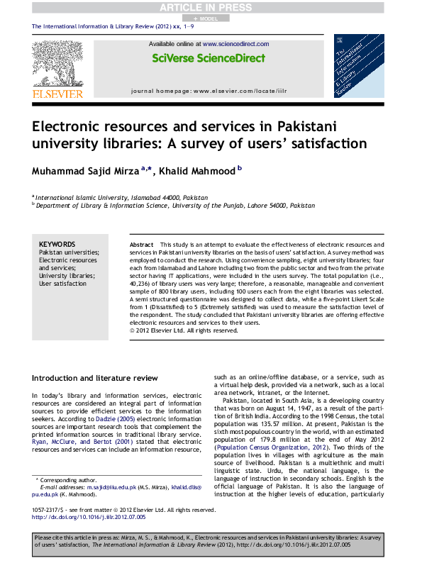 (PDF) Electronic resources and services in Pakistani university ...