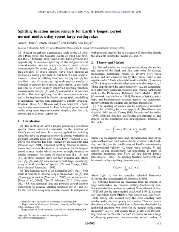 (PDF) Splitting function measurements for Earth's longest period normal ...