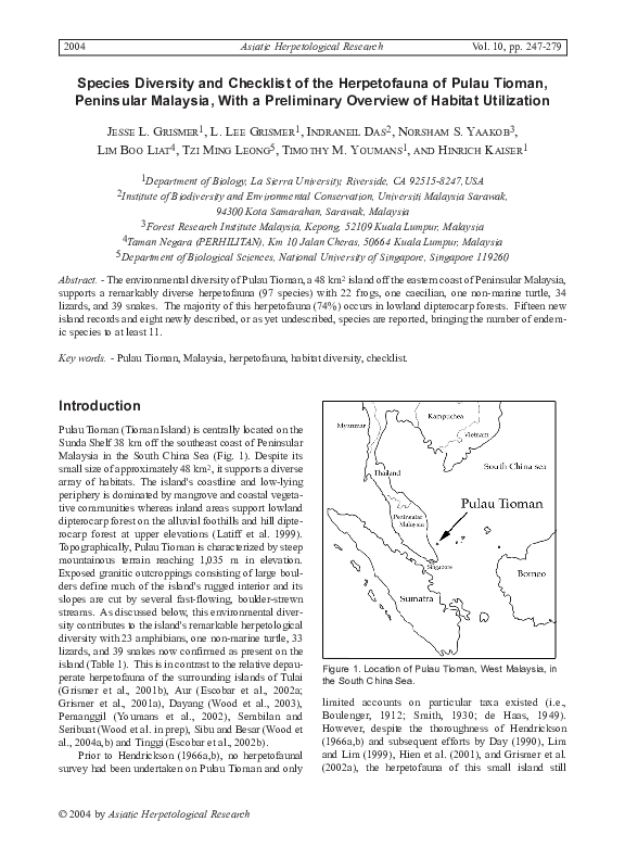 (PDF) Species diversity and checklist of the herpetofauna of Pulau Tioman, Peninsular Malaysia ...