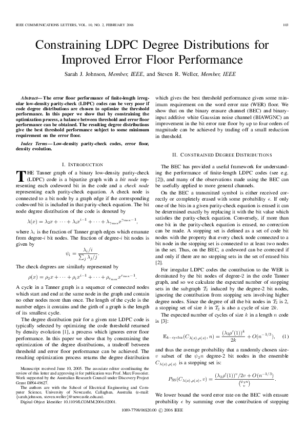 (PDF) Constraining LDPC degree distributions for improved error floor performance