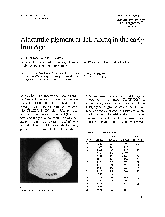 (PDF) Thomas and Potts 1996 - Atacamite pigment at Tell Abraq in the ...