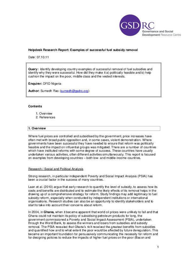 (PDF) Examples of successful fuel subsidy removal