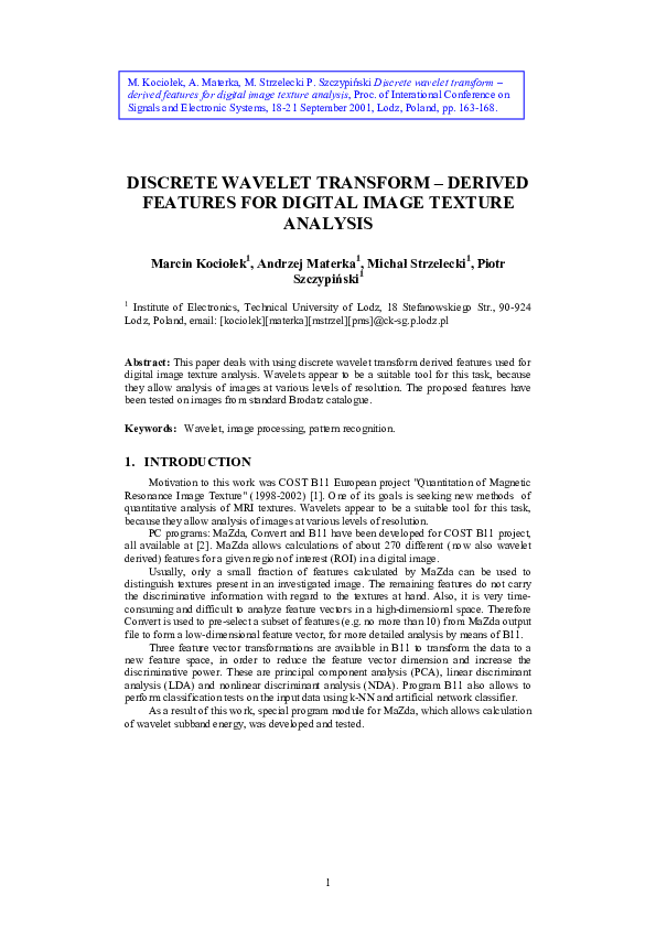 (PDF) Discrete Wavelet transform–Derived features for digital Image texture Analysis