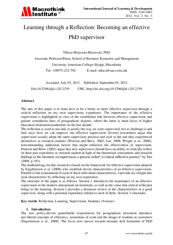 (PDF) Learning through a Reflection: Becoming an effective PhD supervisor