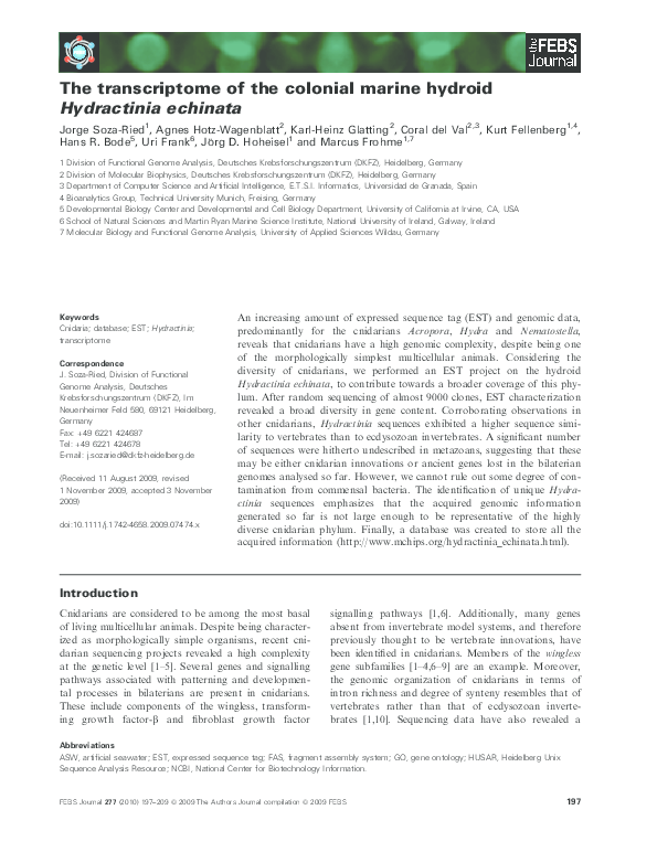 (PDF) The transcriptome of the colonial marine hydroid Hydractinia echinata