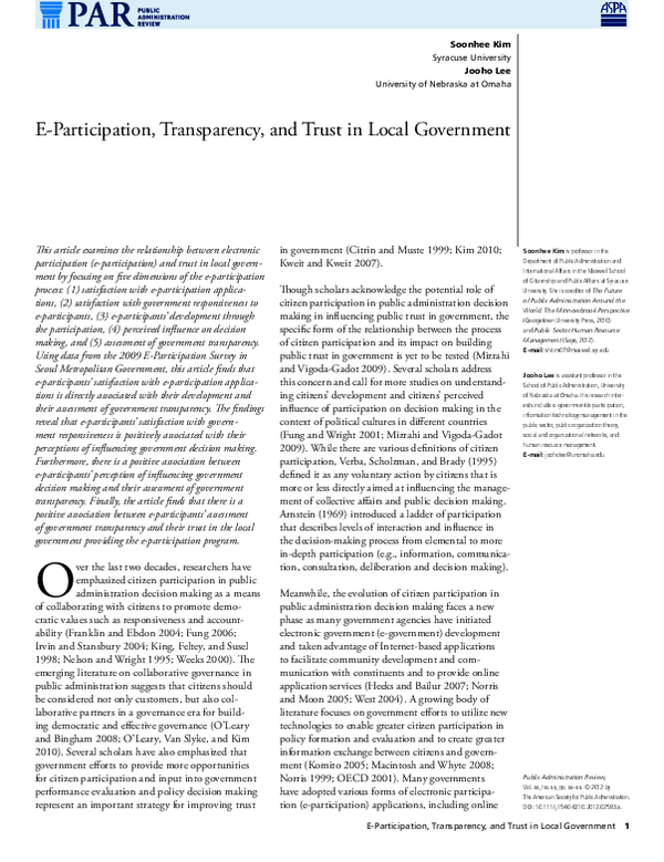 (PDF) E-Participation, Transparency, and Trust in Local Government