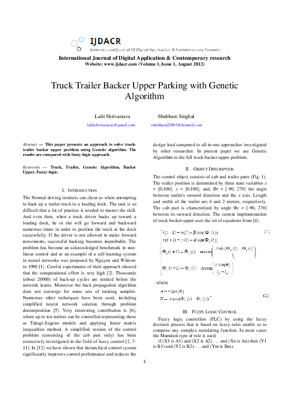 (PDF) Truck Trailer Backer Upper Parking with Genetic Algorithm