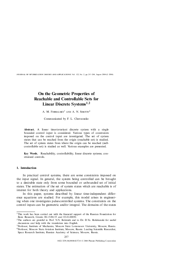 Pdf On The Geometric Properties Of Reachable And Controllable Sets
