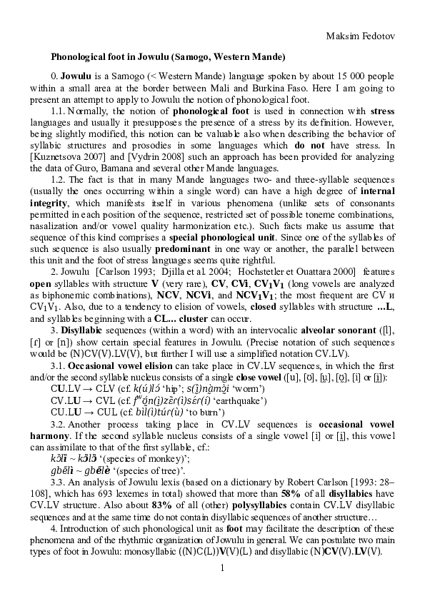 (PDF) Phonological foot in Jowulu (Samogo, Western Mande)