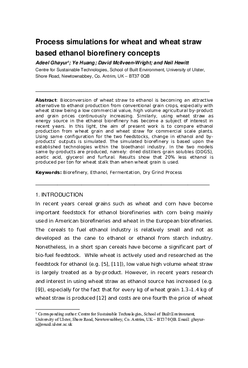 (DOC) Process simulations for wheat and wheat straw based ethanol biorefinery concepts