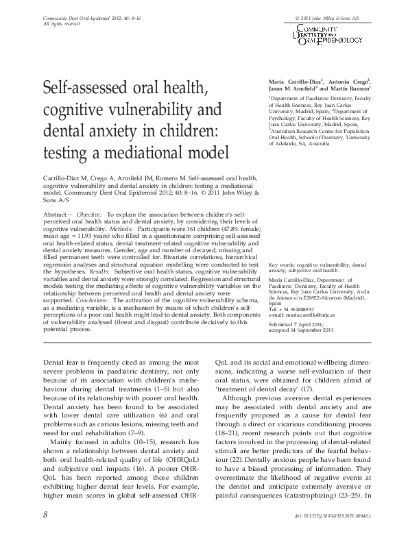(PDF) Self‐assessed oral health, cognitive vulnerability and dental ...